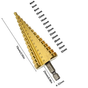 4-32mm HSS Titanium Coated Step Drill Bit, 1/4" Hex Shank Quick Change Metric High Speed Steel Cone Drill Bit for Plastic, Wood, Metal Sheet, Aluminum Hole Drilling