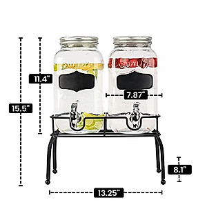 OMINA Pack of 2 Beverage Dispenser with Stand, 1 Gallon Each, Dual Drink Dispensers for Parties with Fruit Infuser, Ice Cylinder and Leakproof Spigot | Screw on Lids | 25 Drink Recipe E-Book