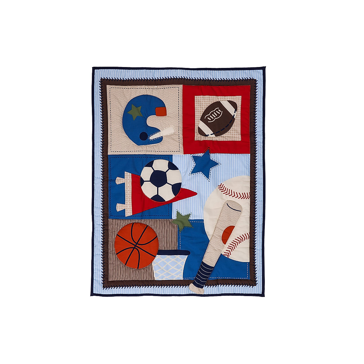 CribMATE 4 PCs Blue Sports Themed Nursery Crib Bedding Set Baby Boy 1 Quilt 1 Fitted Sheet 1 Diaper Organizer 1 Changing Pad Sheet Cot Bedding Set, Blue , Red , Brown , White, 28 X 52