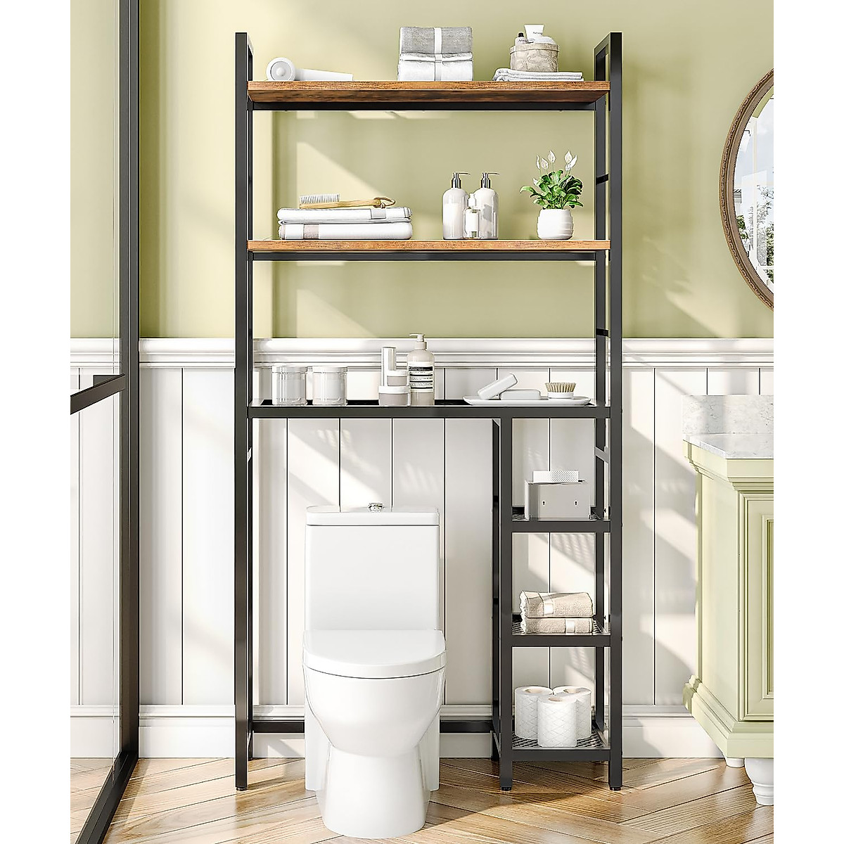HOOBRO 6-Tier Over The Toilet Storage, Freestanding Bathroom Organizer Space Saver, Mass-Storage Side Storage Open Rack, for Bathroom, Living Room, Laundry, Rustic Brown and Black BF02TS01