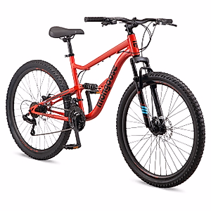 Mongoose Status Mens and Womens Mountain Bike, 27.5-Inch Wheels, 21 Speed Trigger Shifters, Aluminum Frame, Dual Suspension, Front and Rear Disc Brakes, Red