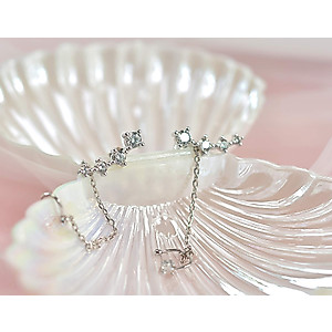 CZ 925 Sterling Silver 14K Gold Plated Ear Crawler Hypoallergenic 4 Crystals Stud Earring with Chain Threader Earrings for Women (White Gold)