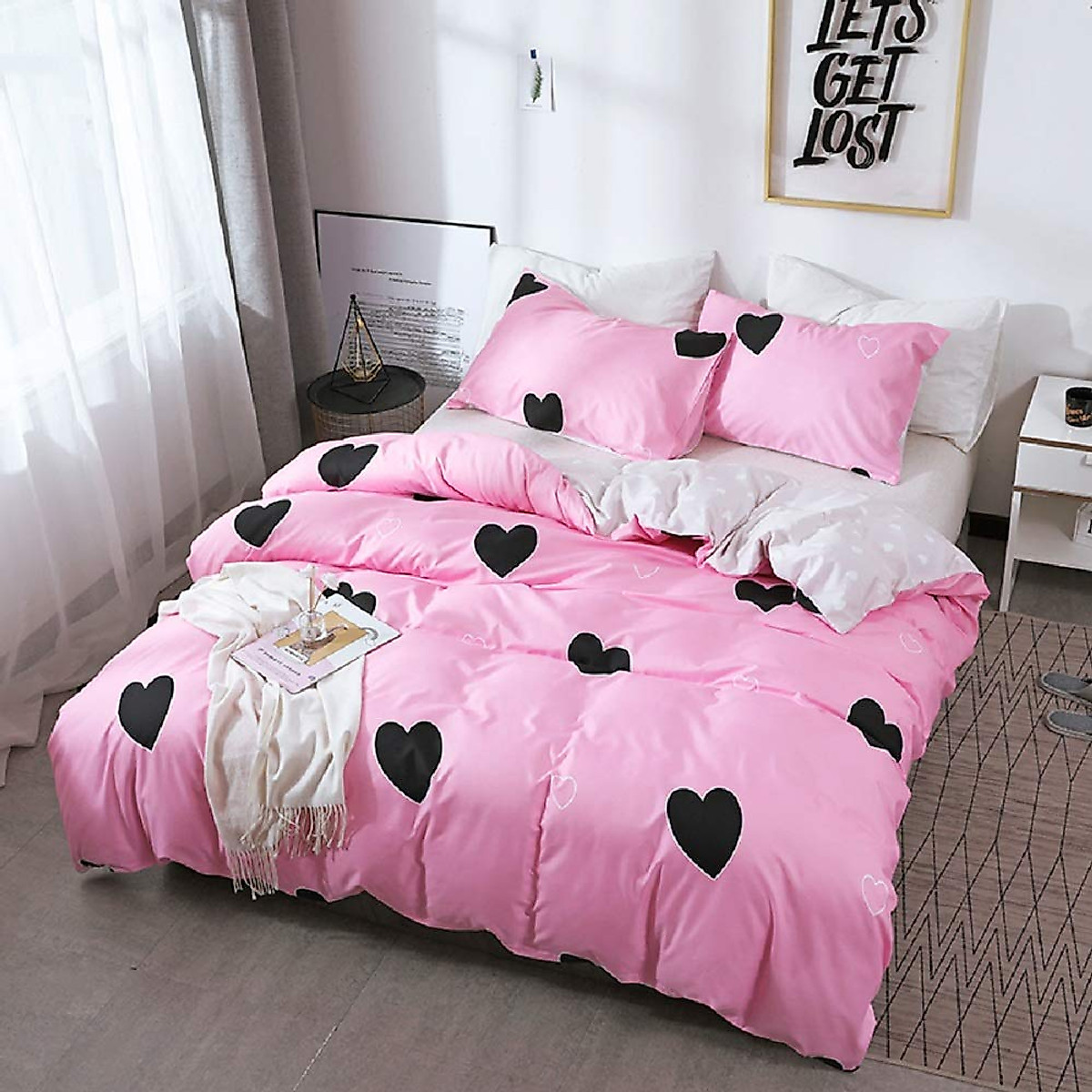 Erosebridal Girls Pink Comforter Cover Queen Black Love Pattern Girly Bedding Set for Kids Child Teens Cartoon Lightweight Grey Reversible Duvet Cover Soft Microfiber Bedclothes Fashion Room Decor