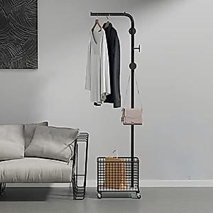 n/a Nordic Floor Clothes Hanger Bedroom Bedside Clothes Rack Metal Clothes Drying Rack Balcony Simple Storage Basket (Color : Black, Size : 177 * 42 * 30cm)