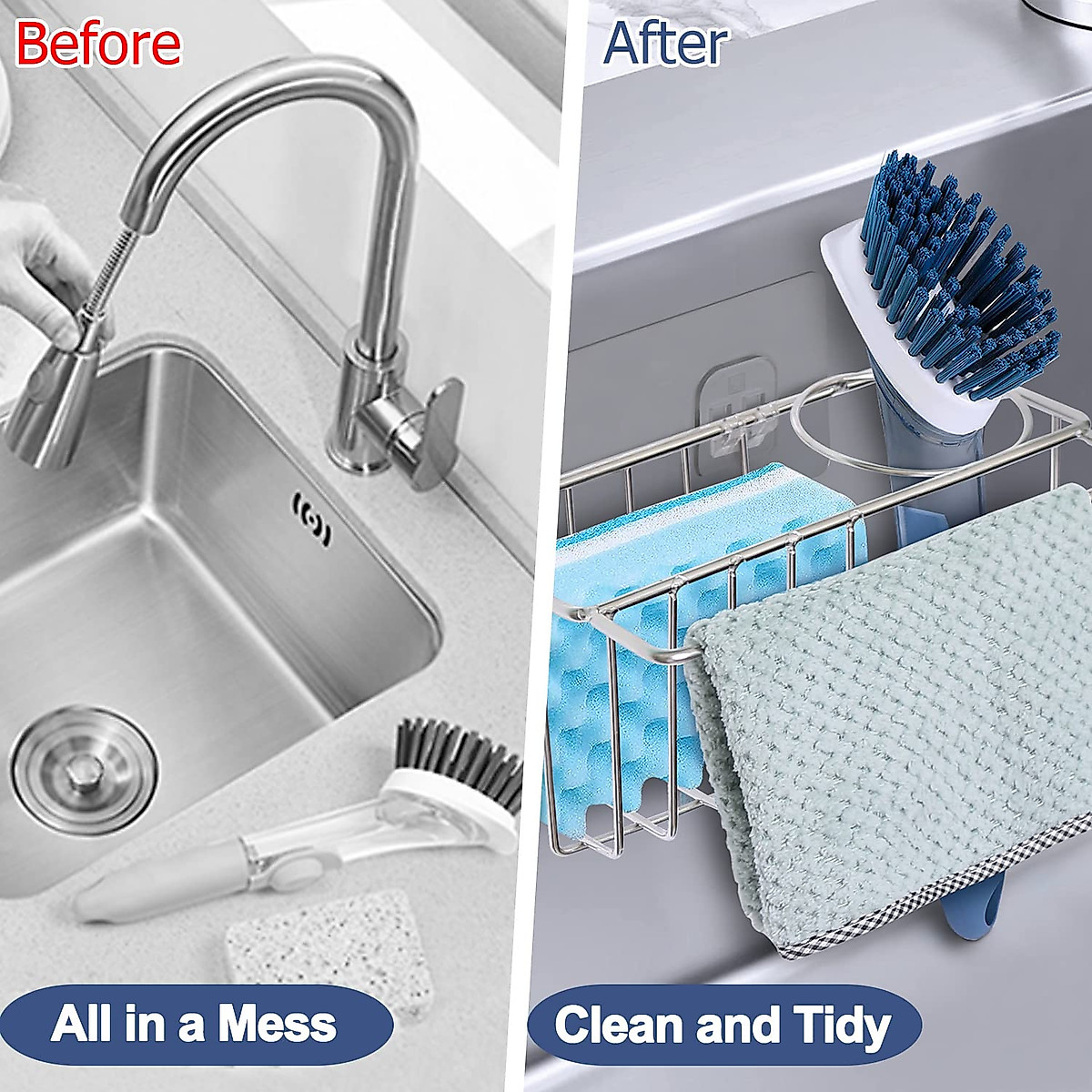 LANIPHIA 3-in-1 Sponge Holder for Kitchen Sink, Stainless Steel Adhesive Sink Caddy, Kitchen Sink Caddy Organizer for Sponge, Brush and Sink Stopper