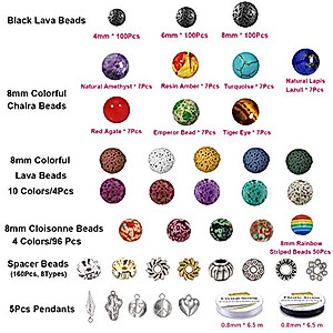 EuTengHao 702Pcs Lava Beads Stone Rock Beads Rainbow Striped Beads Kit with Chakra Beads Cloisonne Beads Spacer Beads Bracelet String Cord for Diffuser Essential Oils Adult Jewelry Making Supplies