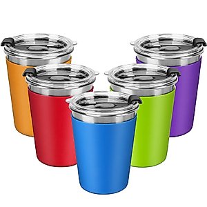 Kids Stainless Steel Cups, 12oz Kids Metal Drinking Glasses with Lids and Sleeves, Unbreakable Spill Proof Cups for Kids and Adults, Stacking Sippy Cups for Hot Chocolate & Cold Drinks 5Pack