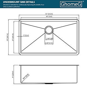 32x19 Undermount Kitchen Sink - GhomeG 32 Inch Deep Single Bowl kitchen sink 16 Gauge Stainless Steel Under Counter Kitchen Sink Basin With R10 Round Corners