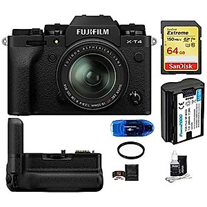 Fujifilm X-T4 Mirrorless Digital Camera with XF 18-55mm f/2.8-4 R LM OIS Lens (Black) Bundle, Includes: SanDisk 64GB Extreme SDXC Memory Card, Fujifilm VG-XT4 Battery Grip and More (8 Items)