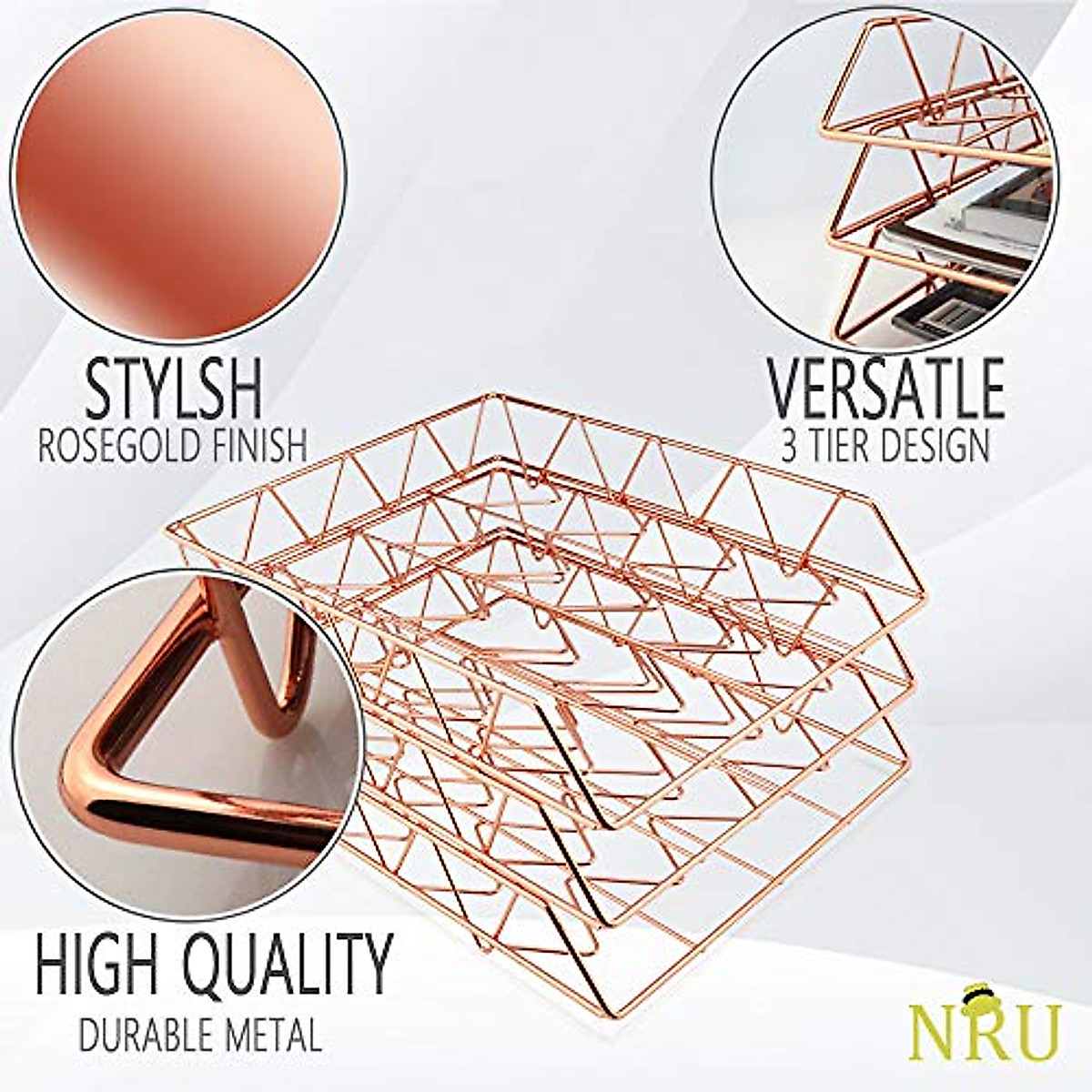 3 NRU, 3 Tier Organizer, File Tray, Rose Gold, Metal Letter, Tray File Organizer