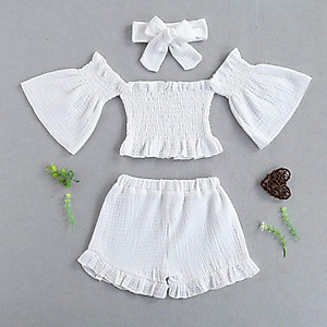 Kids Toddler Baby Girls Off Shoulder Flare Sleeve Tube Crop Top Shirt Ruffle Shorts Headband 3 Piece Summer Outfits (White,3-4T,)