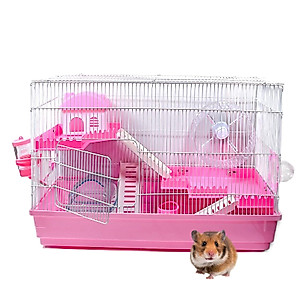 kathson Hamster Cages and Habitats Large Gerbil Cage with Accessories Hut Exercise Wheel Water Bottle Bowl Bathtub Small Animal Basic Cage for Syrian Hamster，3- Levels，22" L x 12.5" W x 14" H，Pink