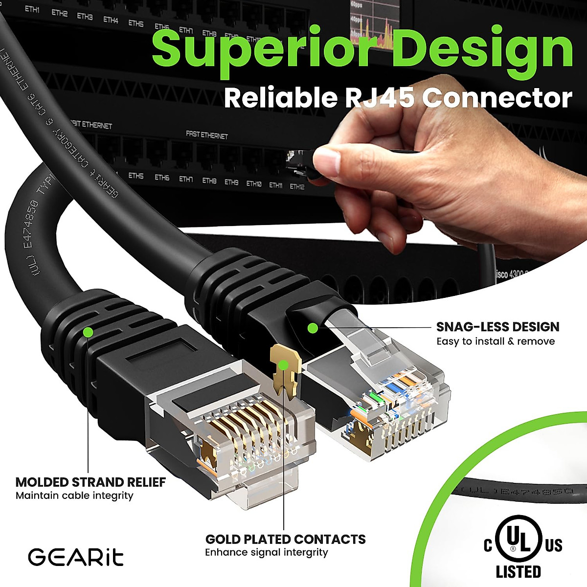 GearIT Cat 6 Ethernet Cable (100-Pack 1 Foot) Cat6 Network Patch, 10Gbps, RJ45, Snagless Cord, Gold-Plated Connectors, Internet for PC, TV, Tablet, Router, Printer, Servers, IT Data Center - Black