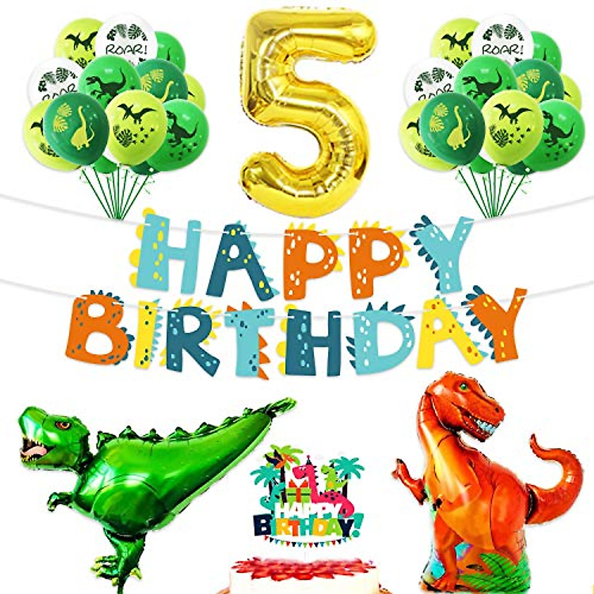 Happy 5th Birthday Balloons Set Dinosaur Themed Decoration – Dino Happy Birthday Banner and Cake Topper Party Supplies