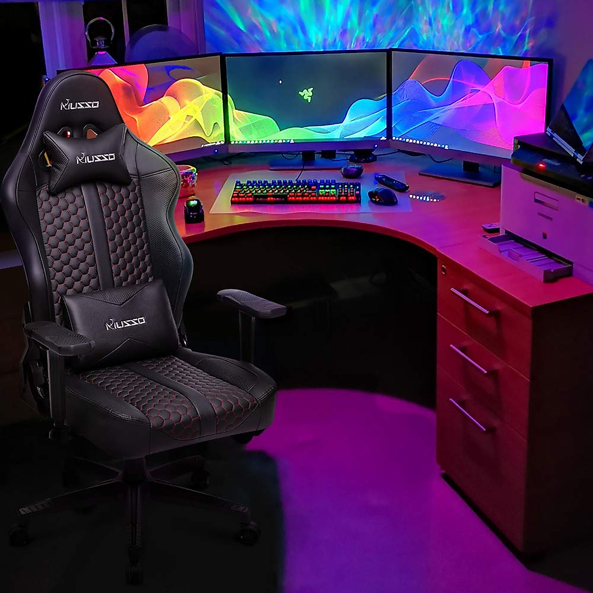 MUSSO Executive Swivel Office Chair, High-Back Racing Gaming Chair, Ergonomic Adjustable Computer Desk Chair, PU Leather Task Chair with Headrest and Lumbar Support (Classic Pattern)…