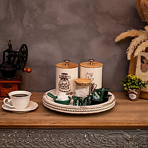 Lazy Susan Organizer Wooden Turntable: Hanobe White Round Wood Trays for Decorative Kitchen Counter Coffee Table Home Decor with Beaded Spice Spinner