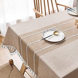 Lipo Waterproof Tablecloth Embroidery Burlap Linen with Tassel - Heavy Duty Wrinkle Free Rectangle Table Cloth for 6 Foot Tables Rustic Farmhouse Tablecloths for Outdoor Party Kitchen 55x86 Coffee