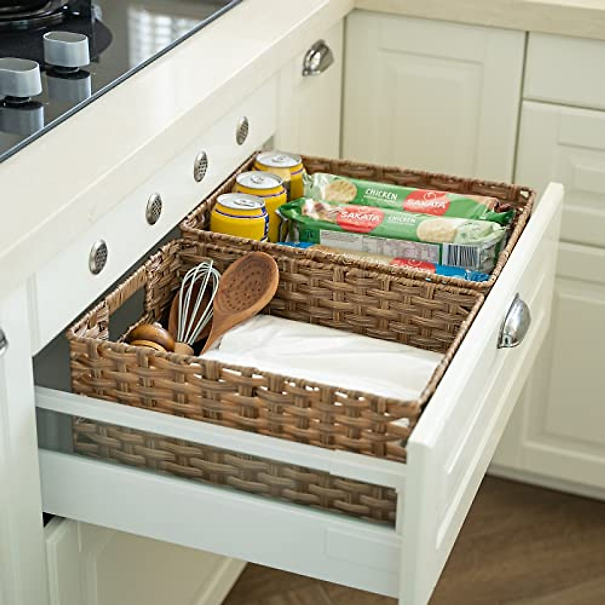 ROSOS Wicker Baskets 2 Pack, Wicker Storage Basket with Handles, Large Wicker Baskets for Storage, Waterproof Wicker Baskets for Organizing, Large Storage Baskets Wicker 15" and Medium 14", Brown