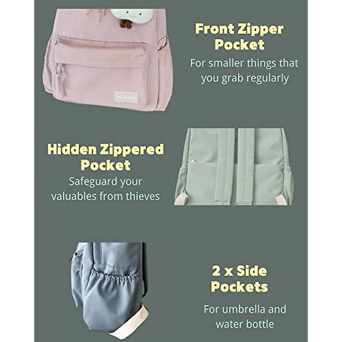 Aesthetic Backpack with Kawaii Cloud Pendant, Large Capacity Rucksack, Sturdy and Durable, Back to School Essential. (Matcha Green)