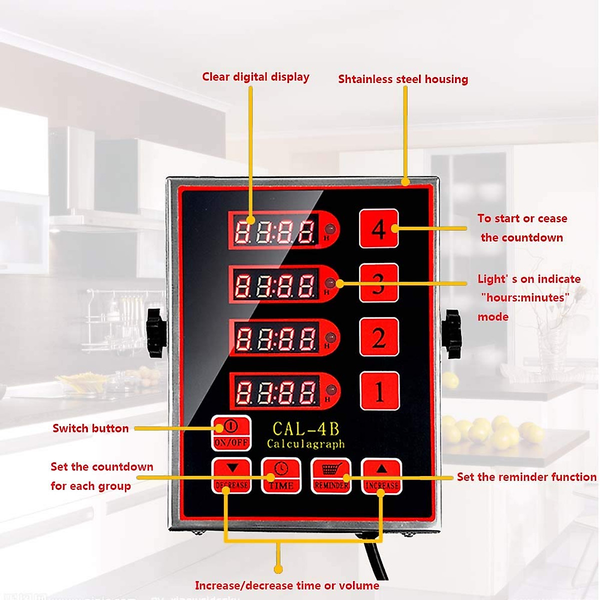 Li Bai 4 Channels Commercial Kitchen Timer Restaurant Timers Multi-Function Digital Timer with Loud Alarm 4 Events Adjustable Cooking Reminder Stainless Steel 110V for Home Kitchen Restaurant