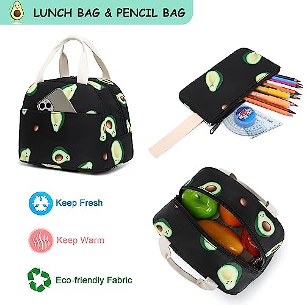 Fuyicat Avocado School Backpack Set for Girls, 3-in-1 Kids Teens Elementary Middle School Bags Bookbag with Lunch Bag Pencil Case