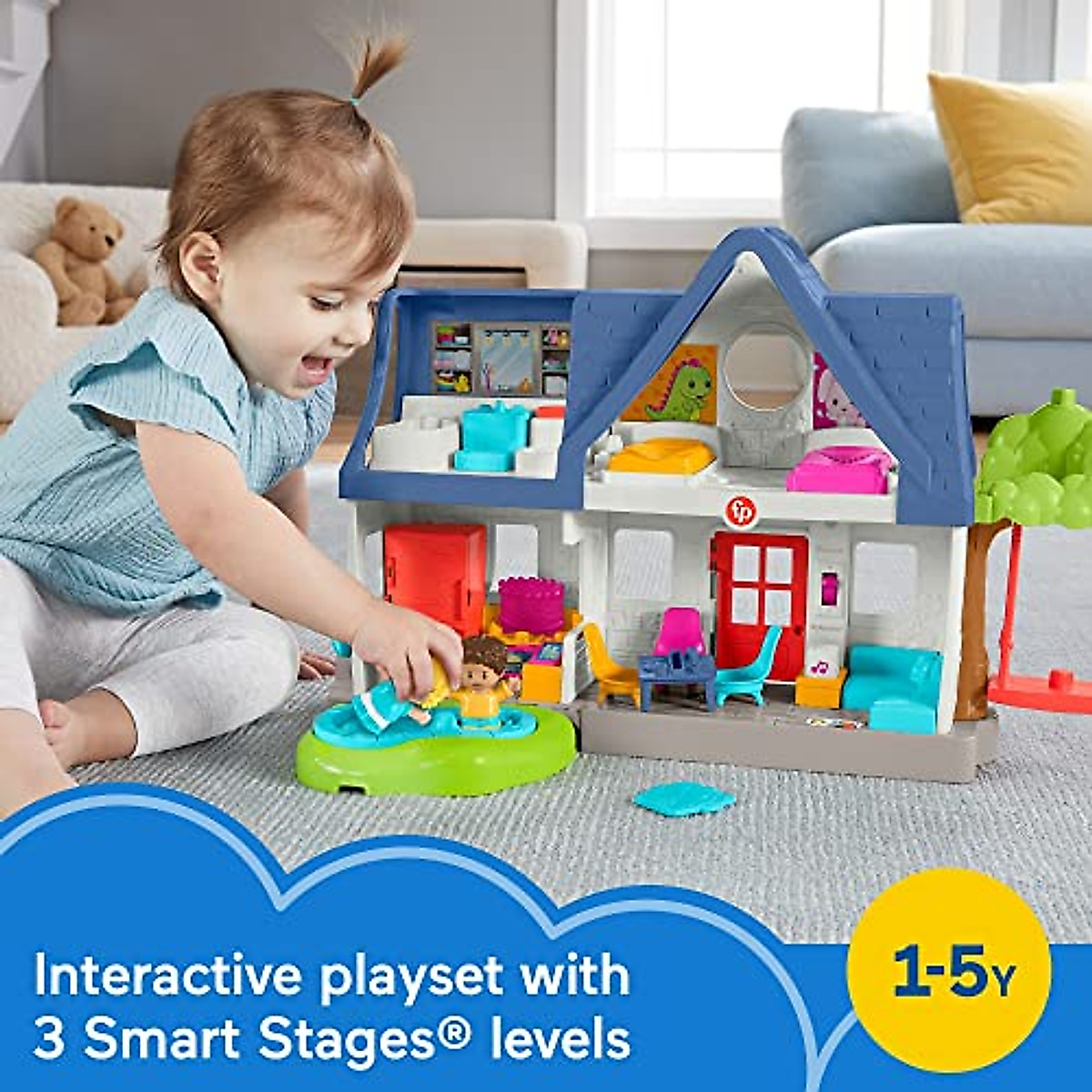 Fisher-Price Little People Toddler Play House with Lights Music & Smart Stages Learning Content, 2 Figures 6 Play Pieces, UK English Version, HCJ66