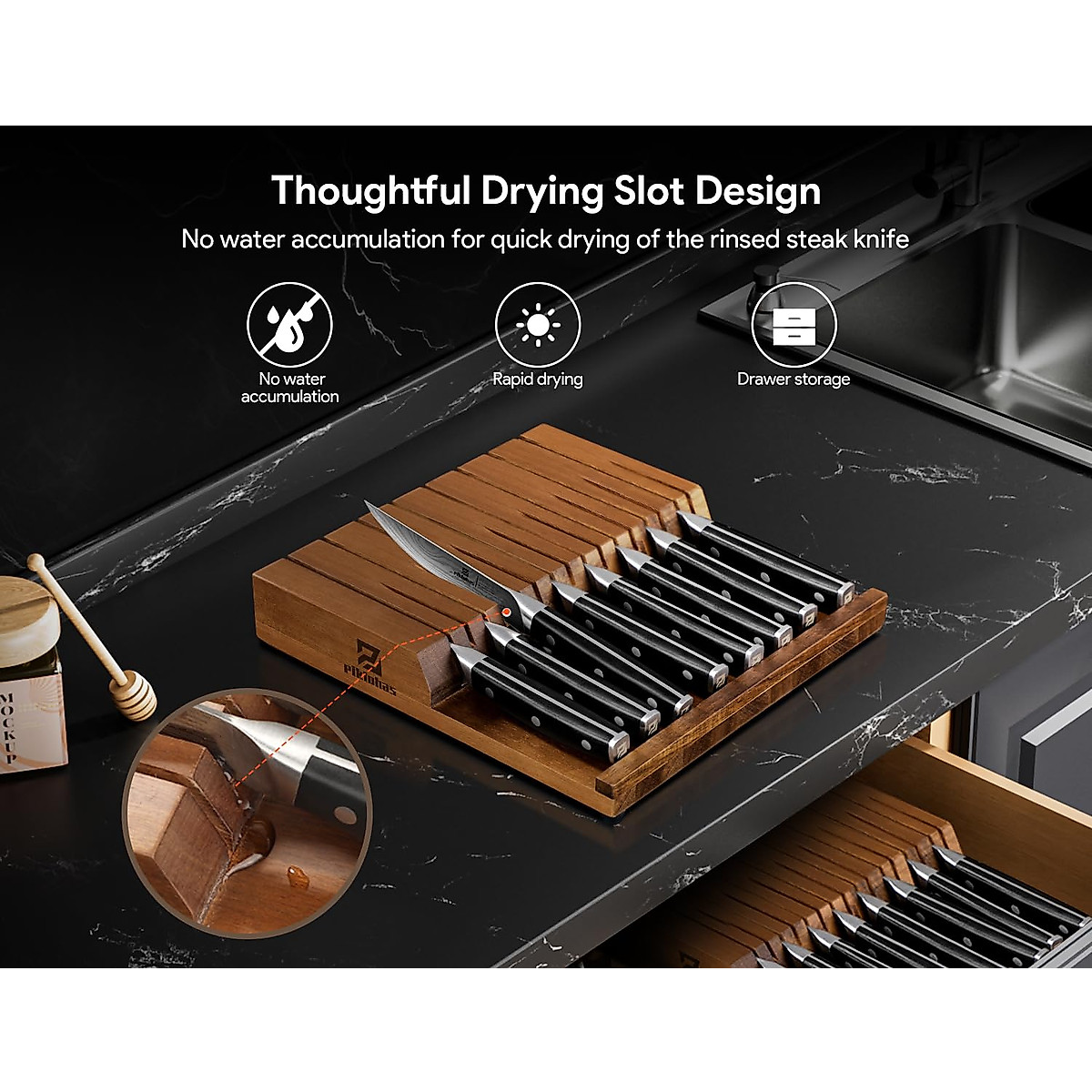 Piklohas Steak Knives Set of 8 with Drawer Organizer, 4.5 Inch Non Serrated Dinner Knife, Forged German Steel Damascus Pattern Straight Edge Meat Knife with Full Tang Handle, Dishwasher Safe, Black