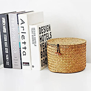 Decorative Wicker Storage Bins with Lids Woven Rattan Seagrass Storage Basket Round Household Organizer Boxes for Organizing Shelves Bathroom Bedroom