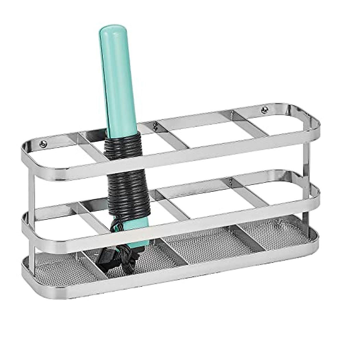 mDesign 4-Section Oval Bathroom Wall Mounted Hair Tool Storage Organizer - Metal Accessory Basket - Hanging Holder for Hair Dryer, Straightener, and Curling Iron - Carson Collection - Chrome