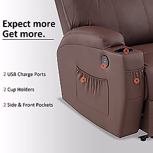 MCombo Electric Power Recliner Chair with Heat and Vibration, Footrest Extended, USB Charge Ports, 2 Side Pockets and Cup Holders, Faux Leather 7050 (Light Brown)
