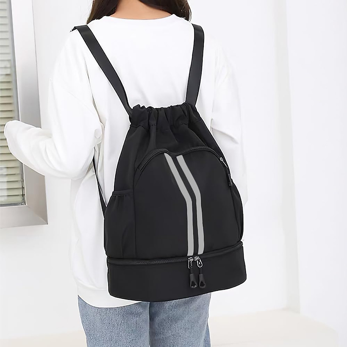 Oziral Drawstring Backpack, Water-Resistant Sports Gym Bag with Shoe Compartment and Two Side Mesh Pockets, String Backpack with Reflective Strip for Men and Women (Purple)