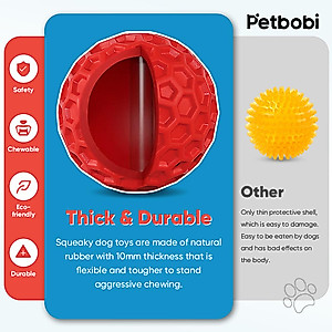 Petbobi Dog Squeaky Toys, Dog Ball Toy for Medium Large Dog, Durable Dog Chew Toys for Aggressive Chewers, Interactive Dog Toy with Non-Toxic Natural Rubber, Red