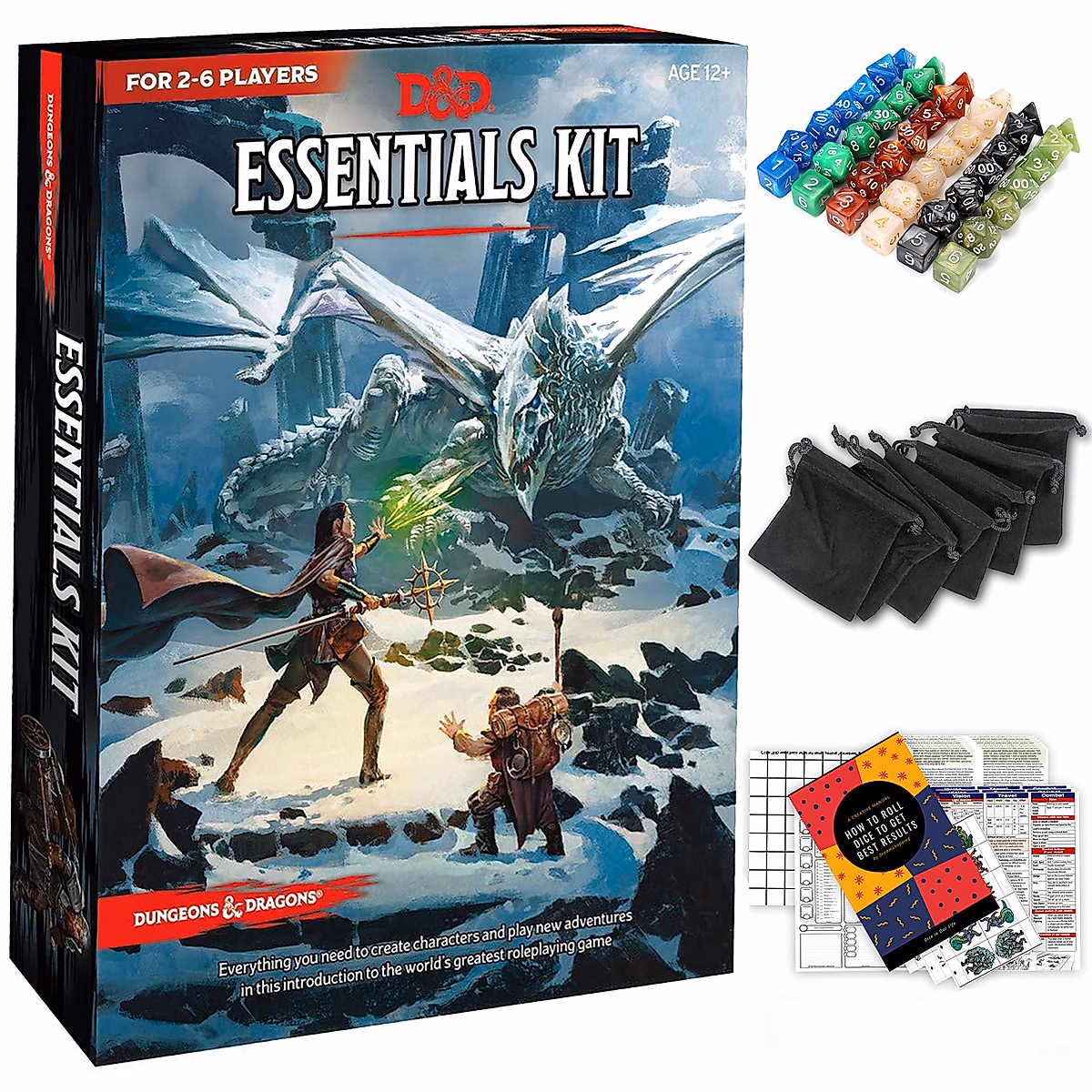 Dungeons and Dragons Essentials Kit - Starter Set Extra 6 Dice Sets, Flannel Bags, Master Screen, Figures, New Heroes, Dice Guide, Statistic Sheets - DND 5th Edition Rolling Board Game