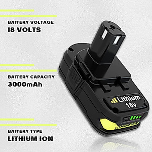 3000mAh 18V P102 P108 Li-ion Replacement Battery for Ryobi 18 Volt Battery Lithium-ion Plus Battery Max P102 P108 P103 P105 P107 P109 P104 Compatible with Ryobi 18Volt Power Cordless Tools (2 PACK)