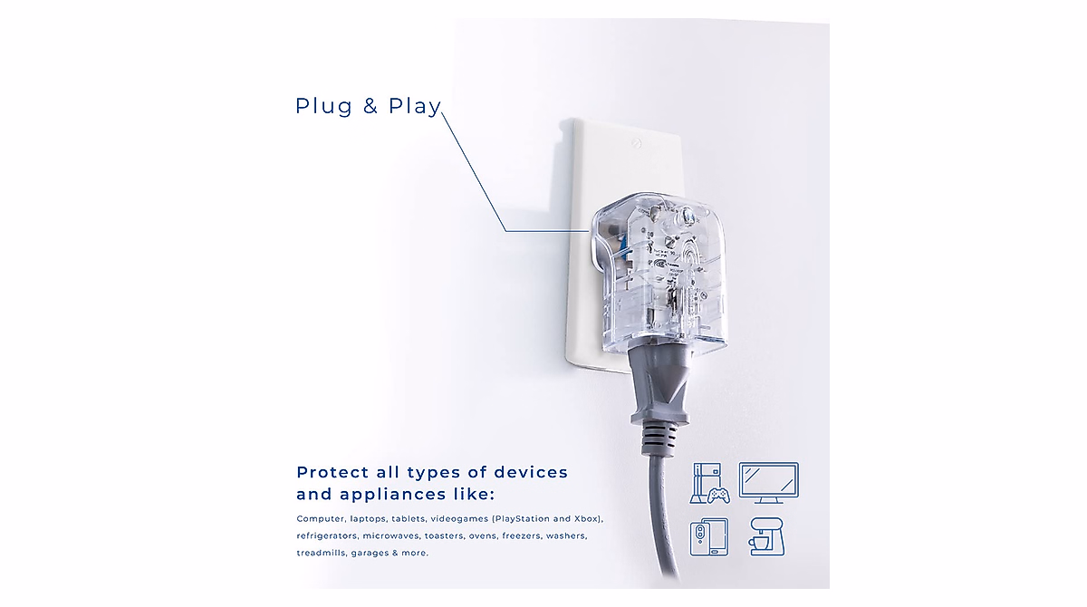 Clamper Single Outlet Surge Protector Right Angle & Space Saving, 1800 Joules, 1875W, for TV, PC ...
