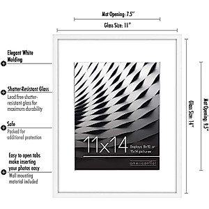 Americanflat 11x14 Picture Frame with Shatter-Resistant Glass - Use as 8x10 Frame with Mat or 11x14 Frame Without Mat - Streamline Collection - Thin Photo Frame for Wall Display - White