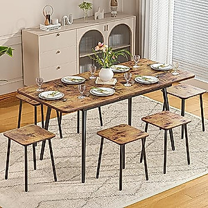 Qsun 7-Piece 63" Dining Table Set for 4-6 People, extendable Kitchen Table Set with 6 Chairs, Dining Room Table with Round Corner for Kitchen, Children Protective Design, Rustic Brown