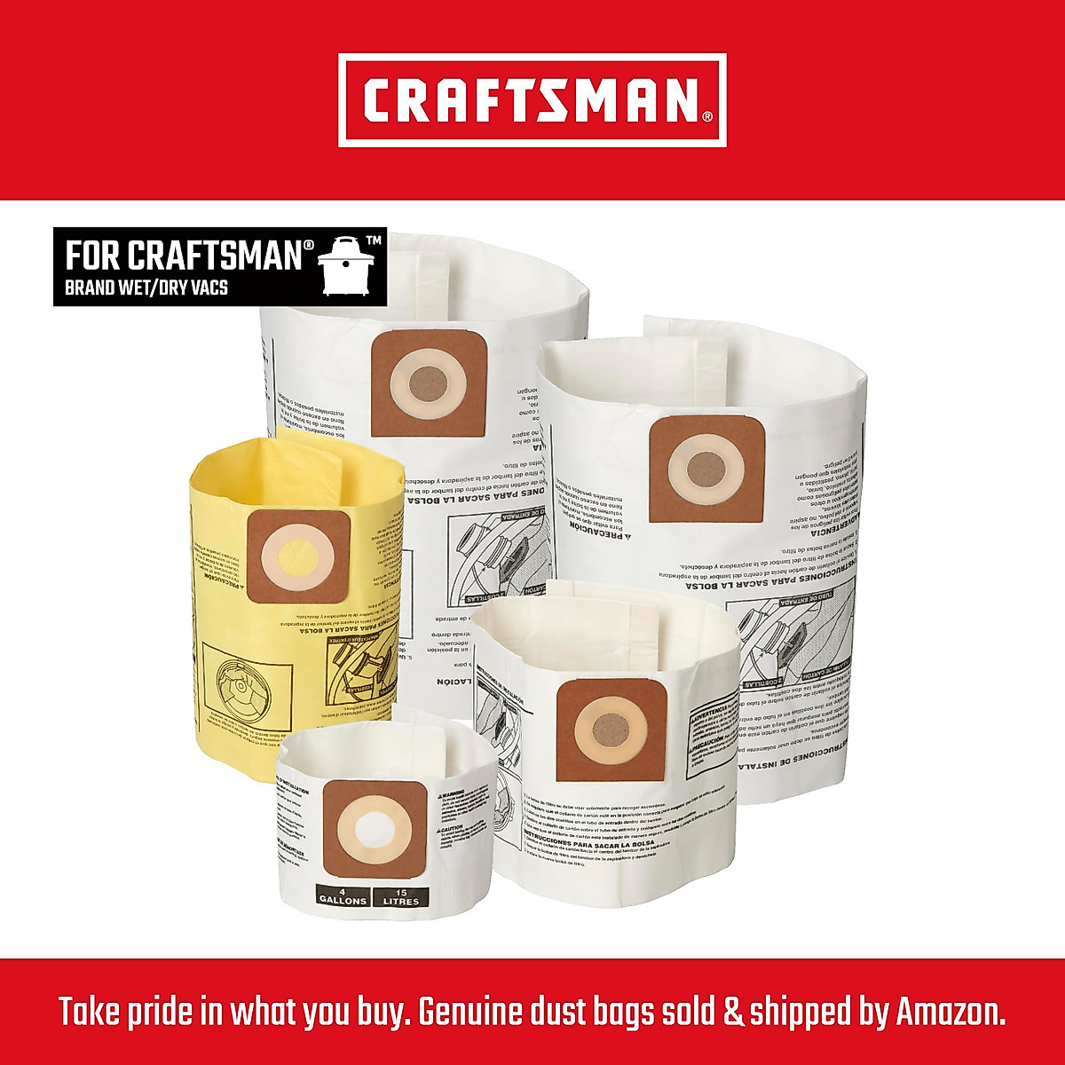 CRAFTSMAN CMXZVBE43270 Genuine Fine Dust Wet Dry Vac Dust Collection Bags for CRAFTSMAN CMXEVBE17612 4 Gallon Shop Vacuum, Collects Dry Fine Debris, Reduces Cleanup Time, 2-Pack