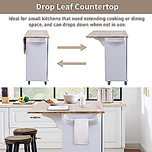 MAISON ARTS Storage Kitchen Island on Wheels with Drop Leaf Rolling Kitchen Cart with 2 Doors & 3 Drawers Rubber Wood Countertop, White