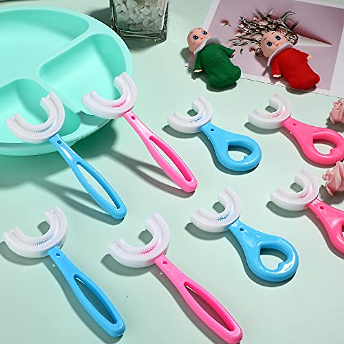 12 Pieces Kids U Shaped Toothbrush 360 Degree Toddler Whole Mouth Toothbrush Oral Teeth Cleaning Soft Silicone Massage Toothbrush with Handle for Kids Baby Toddler Boys Girls, 2 Sizes