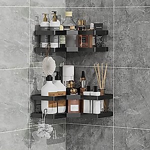 Corner Shower Caddy No Drilling,Shower Organizer Corner,Strong Adhesive Shower Shelves,Metal Bathroom Organizer Shower with Hooks,Shower Wall Caddy Waterproof,Rustproof Black 2 Pack