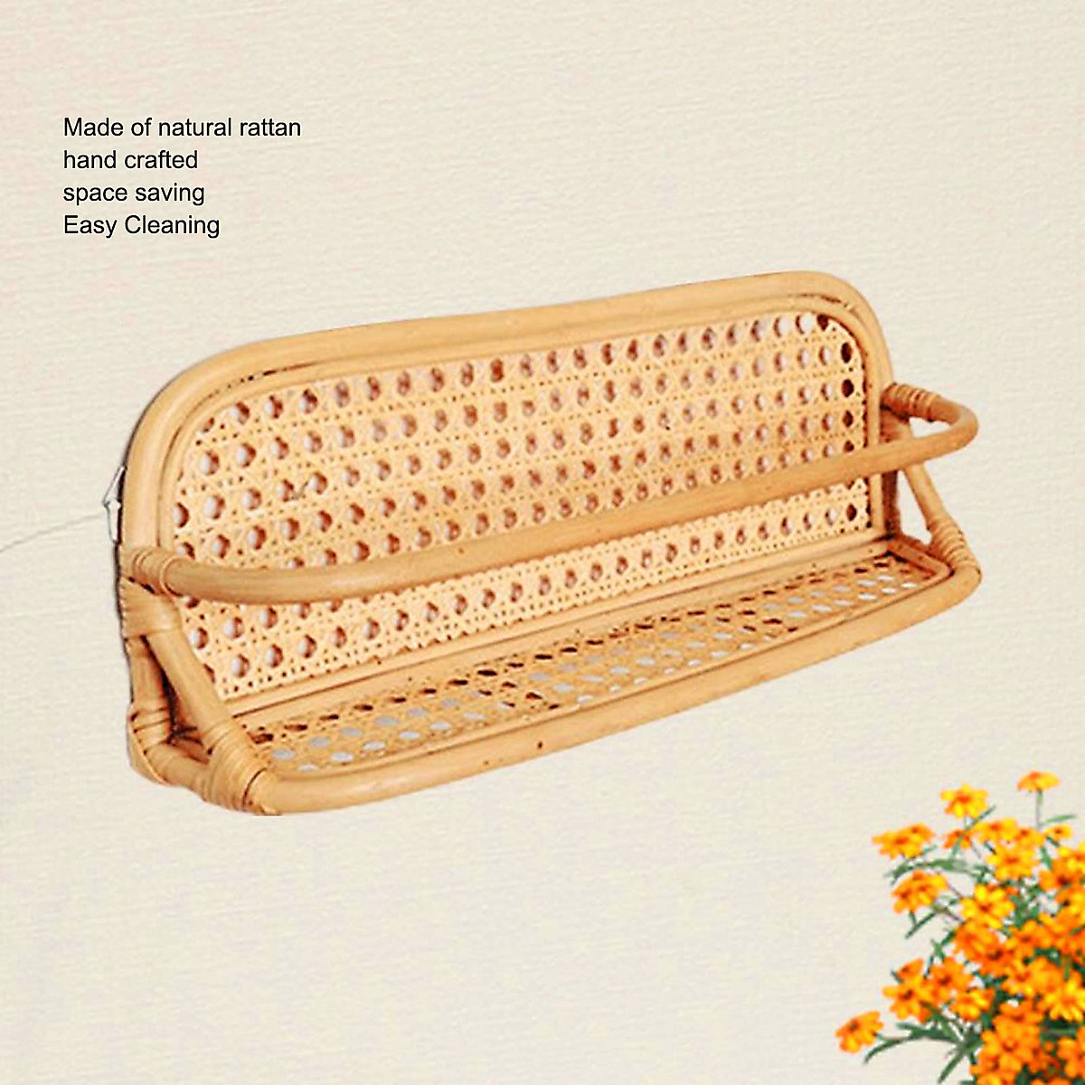 Rattan Wall Shelf Floating Shelf Decorative, Natural Rattan Hanging Rack Wall Storage Shelf, Wall Mounted Natrual Rattan and Wood Storage Hanging Shelves for Kitchen Bathroom