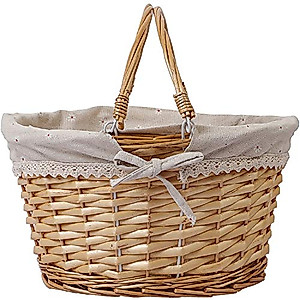 KINJOEK Wicker Woven Basket, Multipurpose Natural Willow Basket with Handle Premium Linen Cotton Cloth Lining for Storage and Decoration, Natural