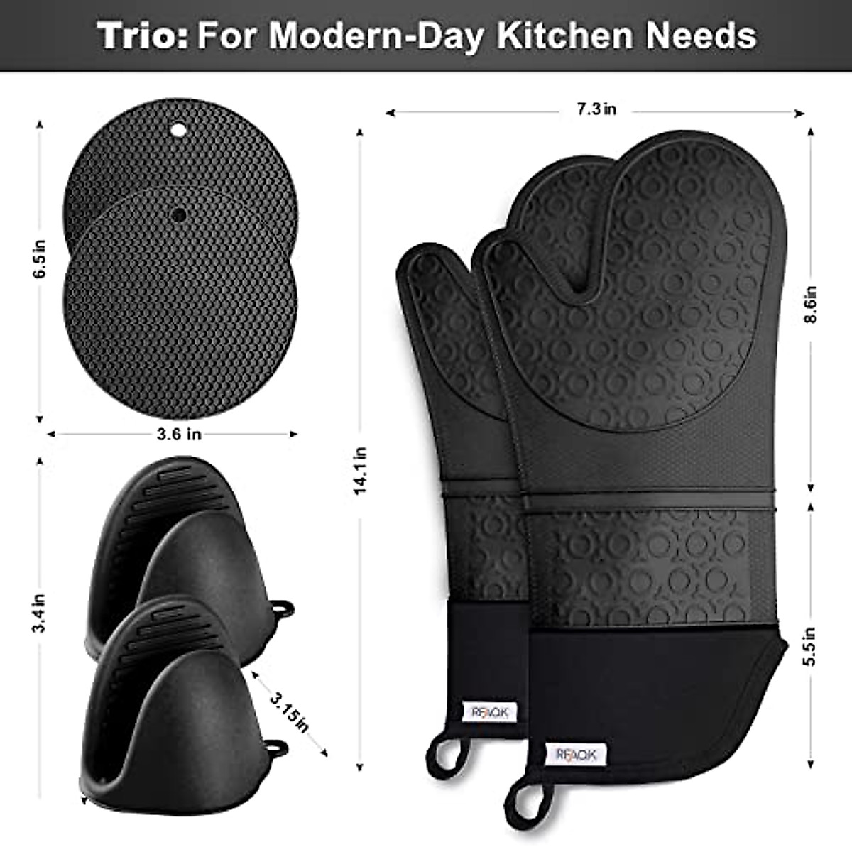 RFAQK Oven Mitts and Pot Holders Sets- Extra Long Silicone Oven Mitts, Oven Mitts Heat Resistant with Quilted Soft Liner and Mini Oven Mittens Sets for Kitchen, Baking, Grill and BBQ (Black)
