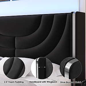 HITHOS Full Upholstered LED Bed Frame with 2 Storage Drawers, Velvet Platform Bed with Wingback Headboard, Solid Wooden Slats Support, No Box Spring Needed, Headboard Splicing Design, Black