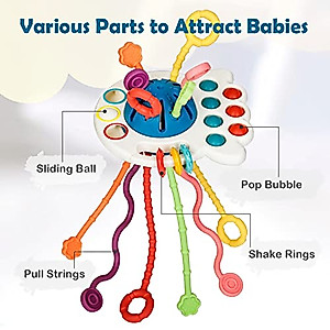 Baby Toys 6 to 12 Months,4 in 1 Silicone Pull String Montessori Toys for Babies 6-12 Months, Sensory Toys for 1 Year Old Boy Girl Birthday Gifts, Baby Essentials Toys for Travel,Bath,Motor Skills