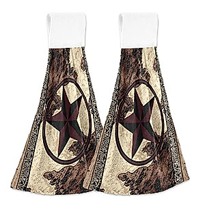 Kitchen Hand Towels with Hanging Loop 2 Pack Western Texas Star Vintage Style Stars on Wood Panel Print Rustic Soft Absorbent Kitchen Dish Tie Towel Tea Bar Towels Decorative for Bathroom Kitchen