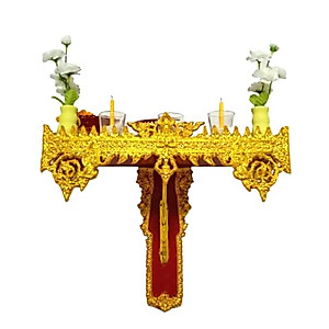 linnilyn Buddha Wood Shelf Wall Buddhist Display Vintage Gold Red Shrine 11 inches