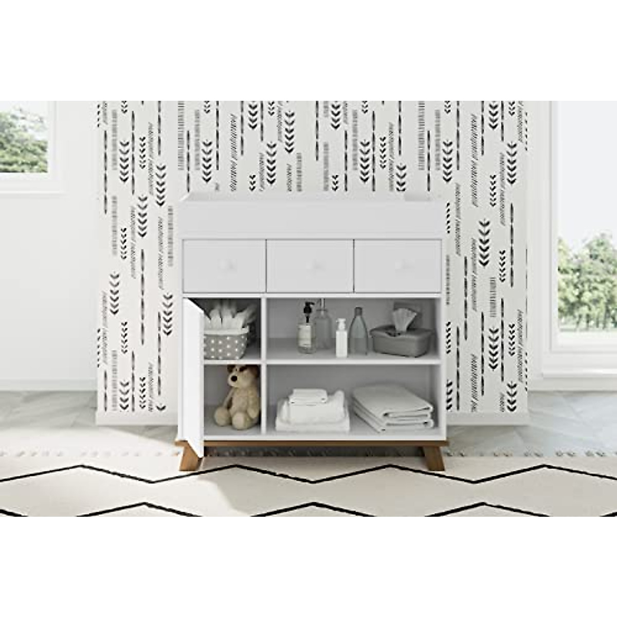 Storkcraft Modern Nursery Changing Table Combo Dresser (White with Vintage Driftwood) – Removable Changing Table Topper Fits Standard-Size Baby Changing Pad, 2 Drawers, 1 Cabinet, Storage Shelves