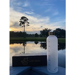 Water Bottle with Time Marker, 32oz 1 Liter, BPA Free Frosted Plastic, Reusable Water Bottle, Leakproof (Clear-White)